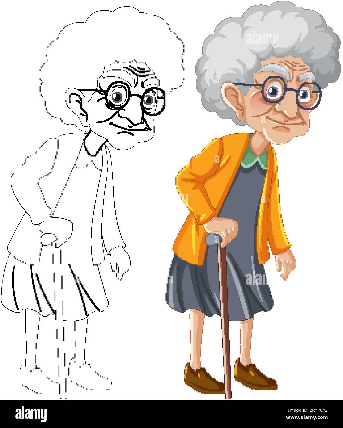 An old grandmother using a walking stick, portrayed in a cartoon-style ...