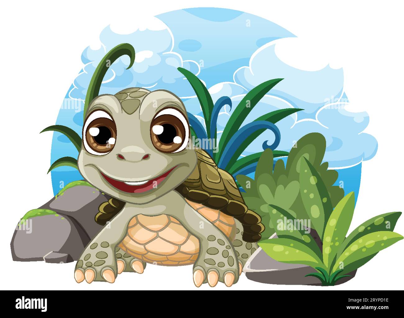 A vector cartoon illustration of a cute turtle surrounded by plants and ...