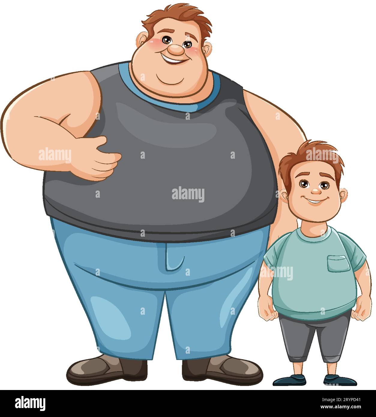 A cheerful fat father and chubby son cartoon illustration, isolated on ...