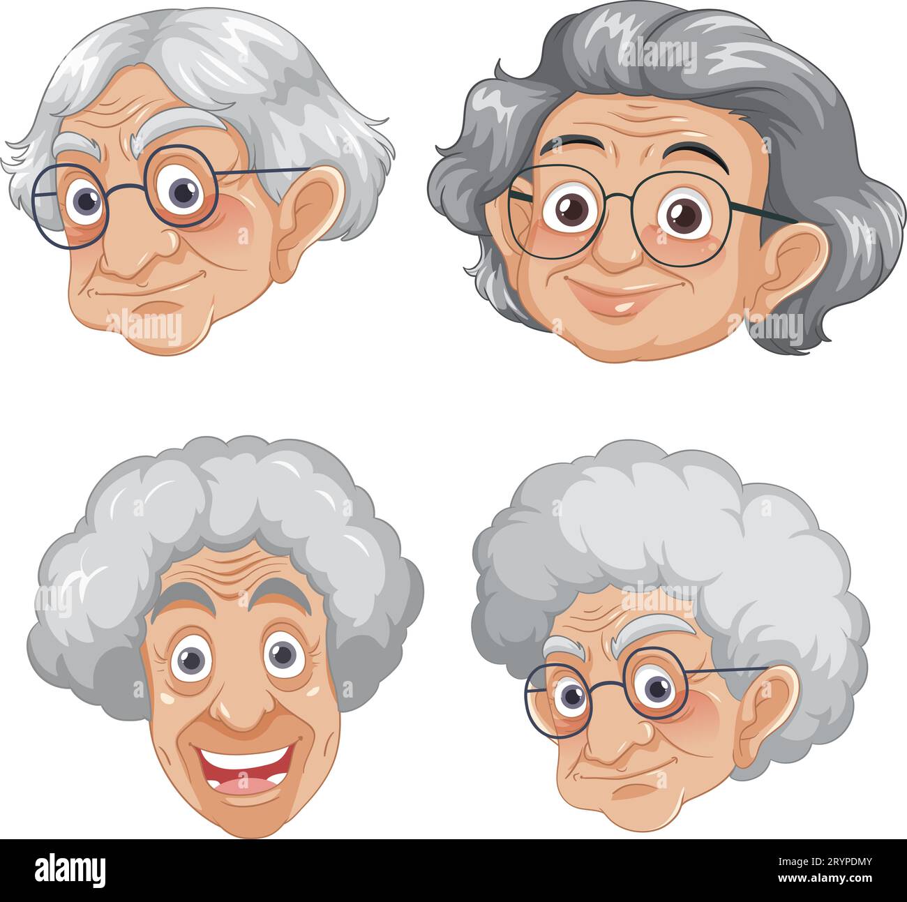 A vector illustration set featuring a cheerful elderly woman with ...