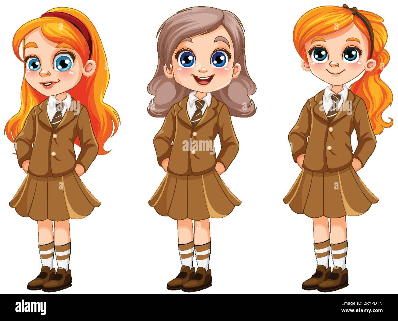 Cute girl in different races student in uniform set illustration Stock ...