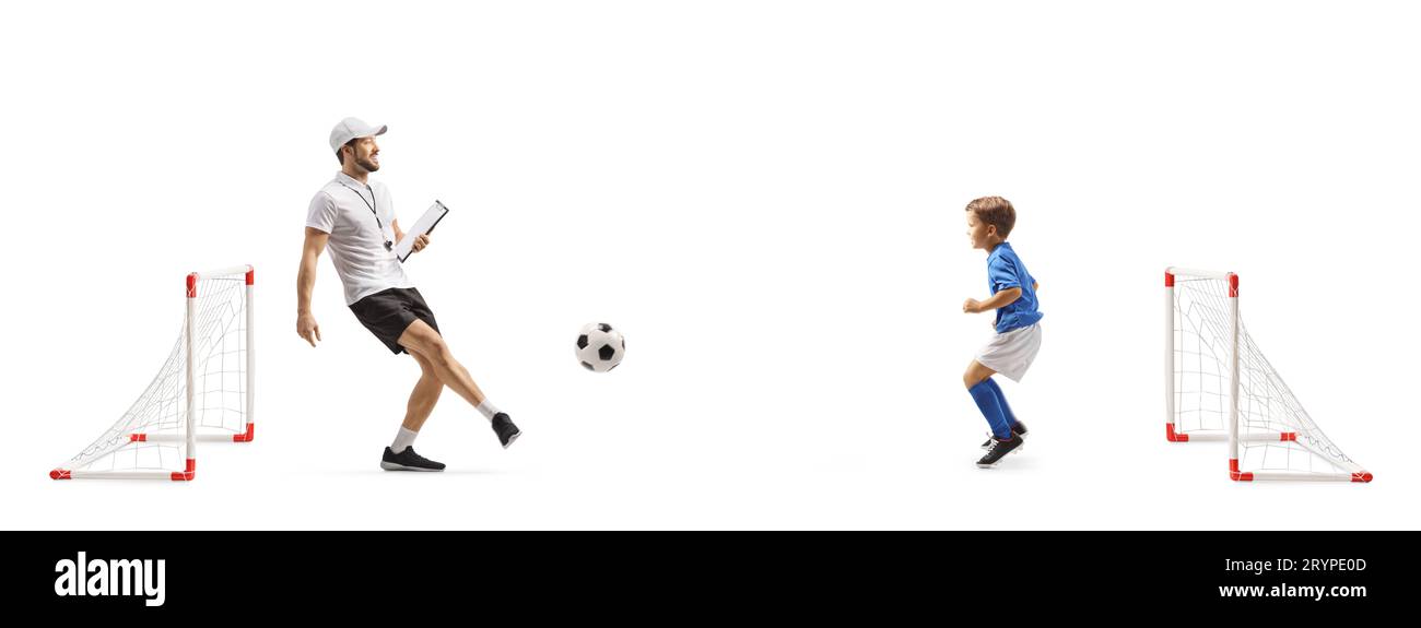 PE teacher with a whistle holding a clipboard and training football ...