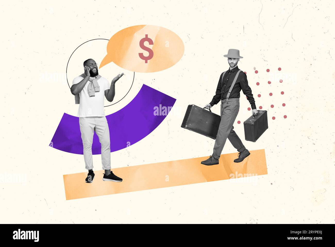 Creative drawing collage picture of two walking man money talking phone ...