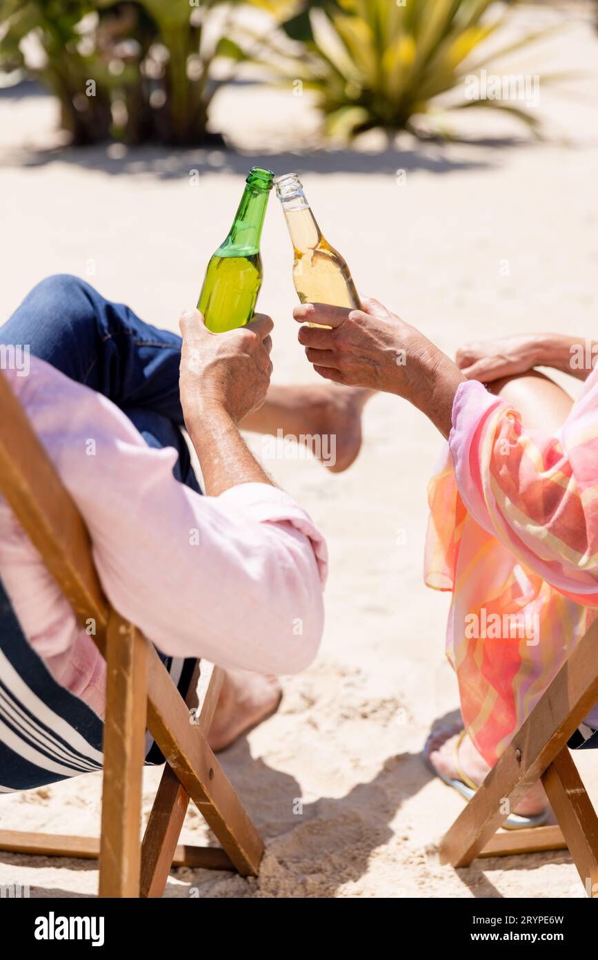 Caucasian senior couple toasting beer bottles while sitting on deck ...
