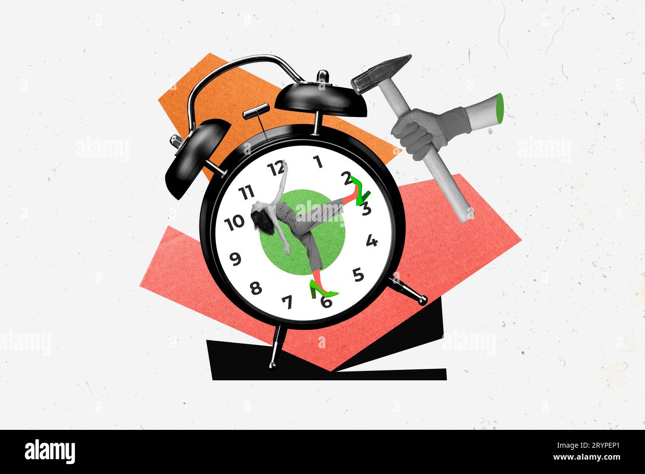 Composite collage picture image of hand holding hit hammer clock young ...