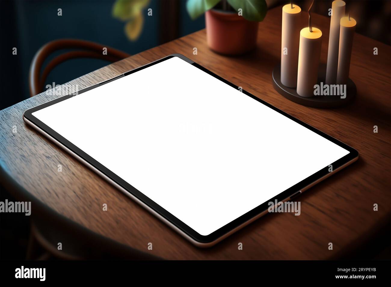 Mockup image of a tablet with blank desktop white screen on wooden ...