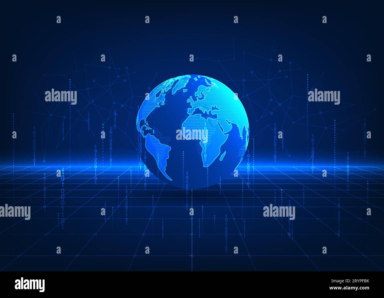 World technology, the world is placed on a grid with lines and codes ...