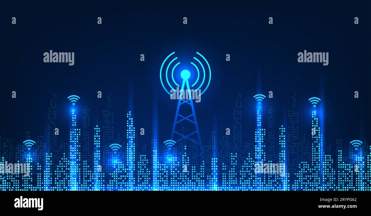 Cellular technology located on the smart city is pixelated. Smart city ...