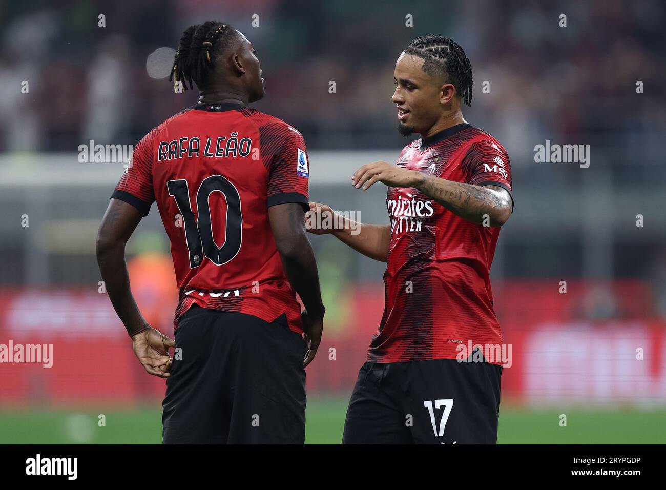 Noah Okafor of Ac Milan (R) and Rafael Leao of Ac Milan (L) celebrate at the end of the Serie A ...