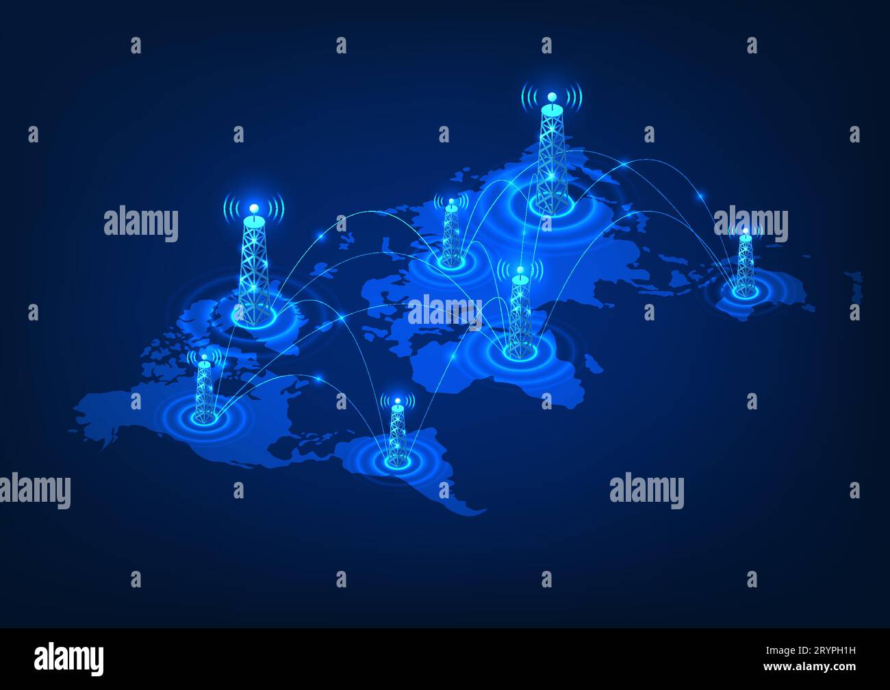 Transmission tower technology Cell towers on a world map with ...