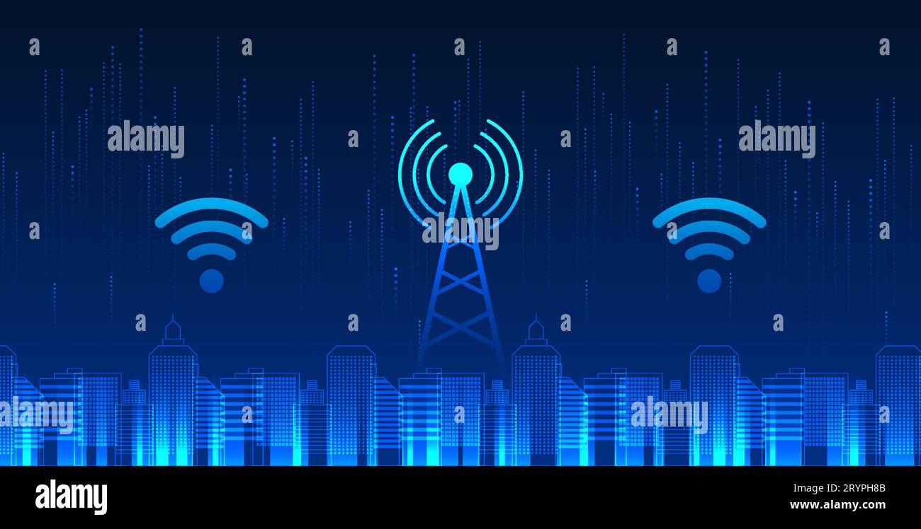 Cellular technology is located in a smart city with wifi icon. A smart ...