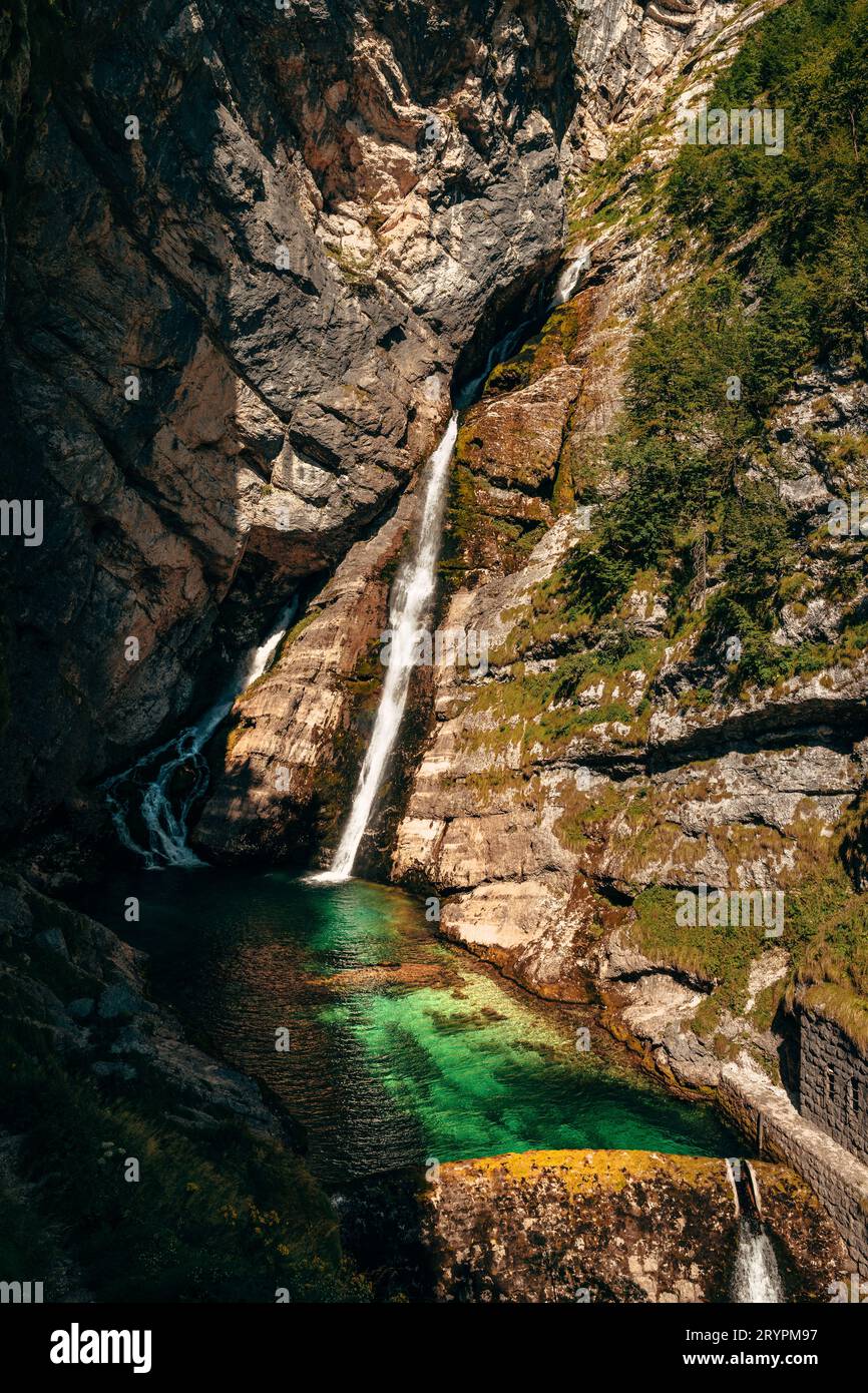 Savica waterfall in Triglav national park in Bohinj, Slovenia. Vertical ...