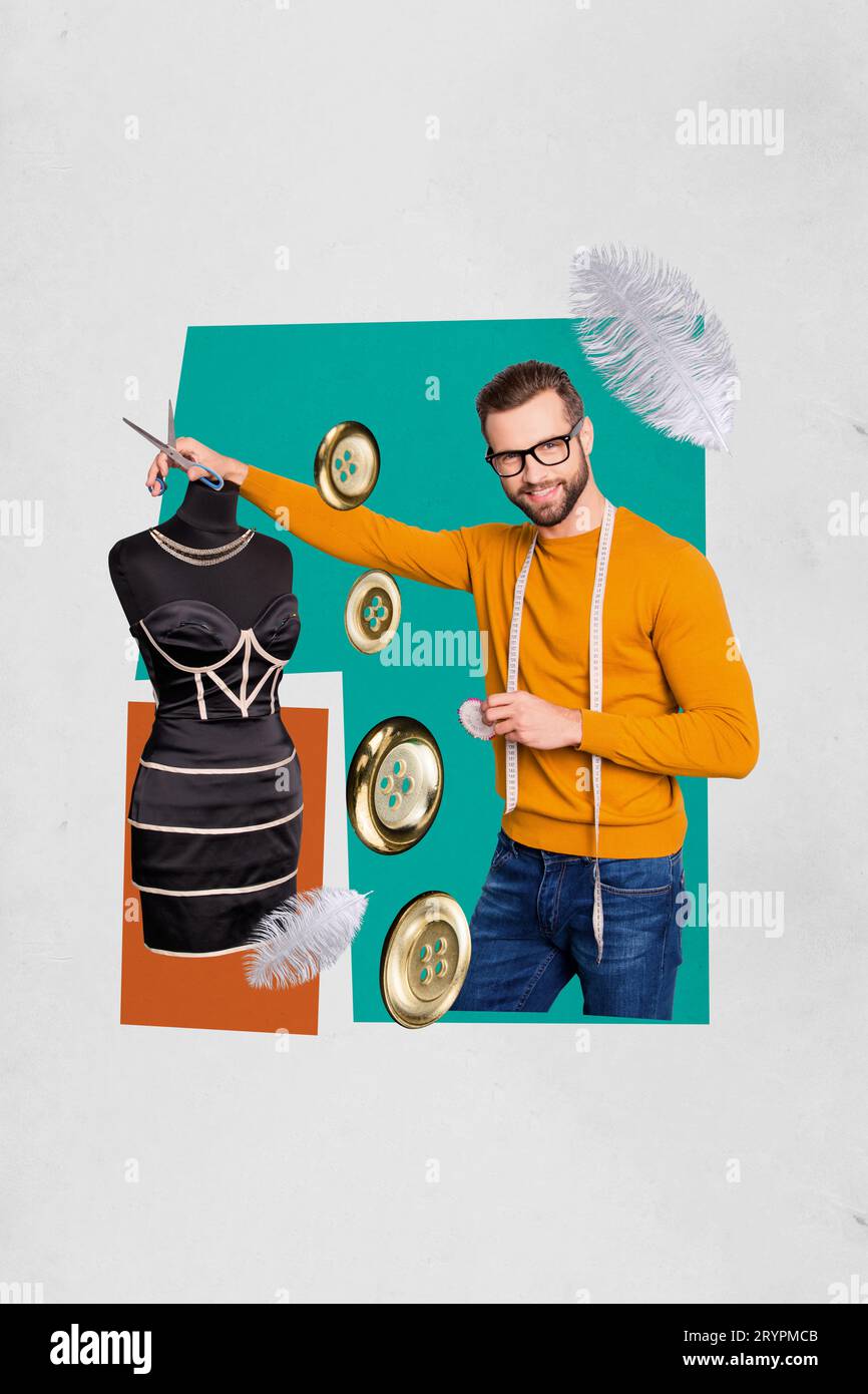 Composite collage picture image of professional designer sewing young ...