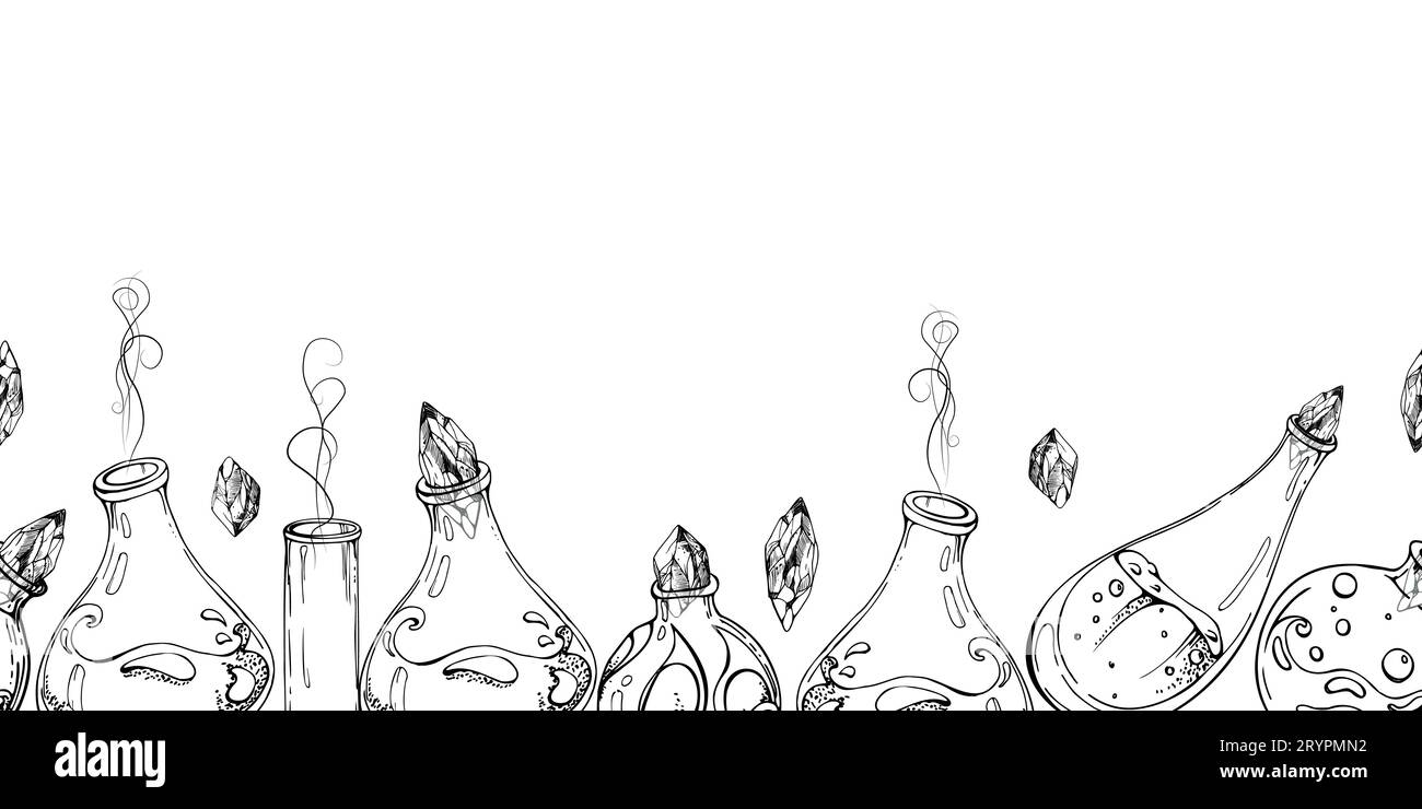 Hand drawn ink vector glass vial jars for potions with crystals. Sketch ...