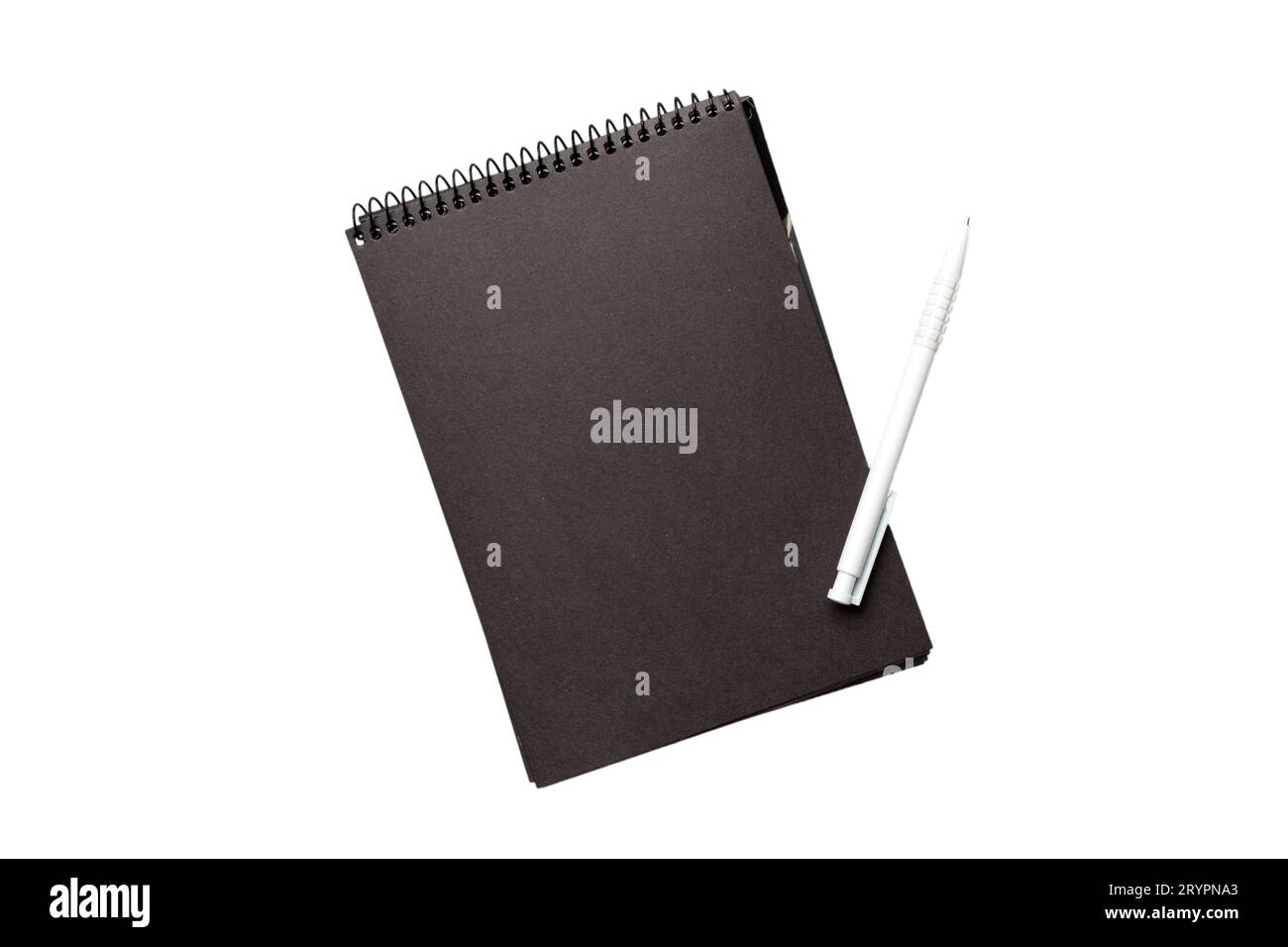 Top view of closed spiral blank dark paper cover notebook with pencil ...