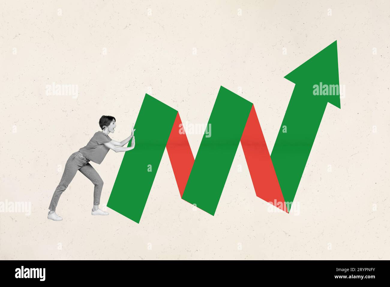 Image collage of hardworking purposeful pushing huge arrow achieve ...