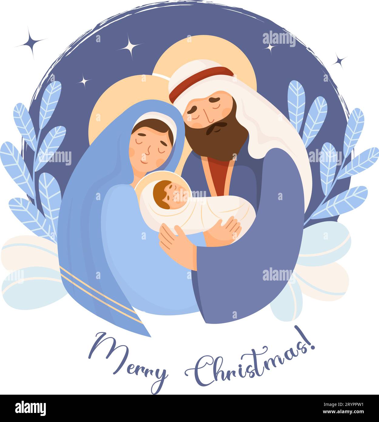 Holy Family. Merry Christmas card. Virgin Mary, saint Joseph and baby ...