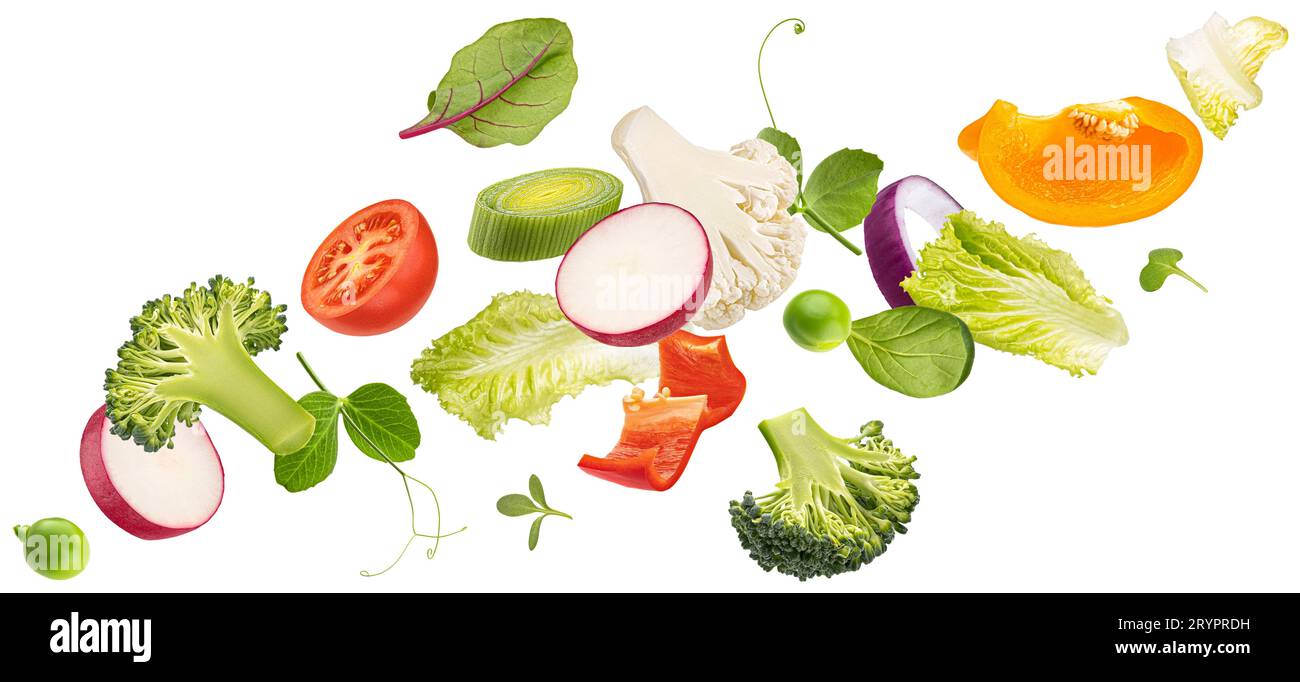 Falling vegetables, salad of bell pepper, tomato and lettuce leaves ...