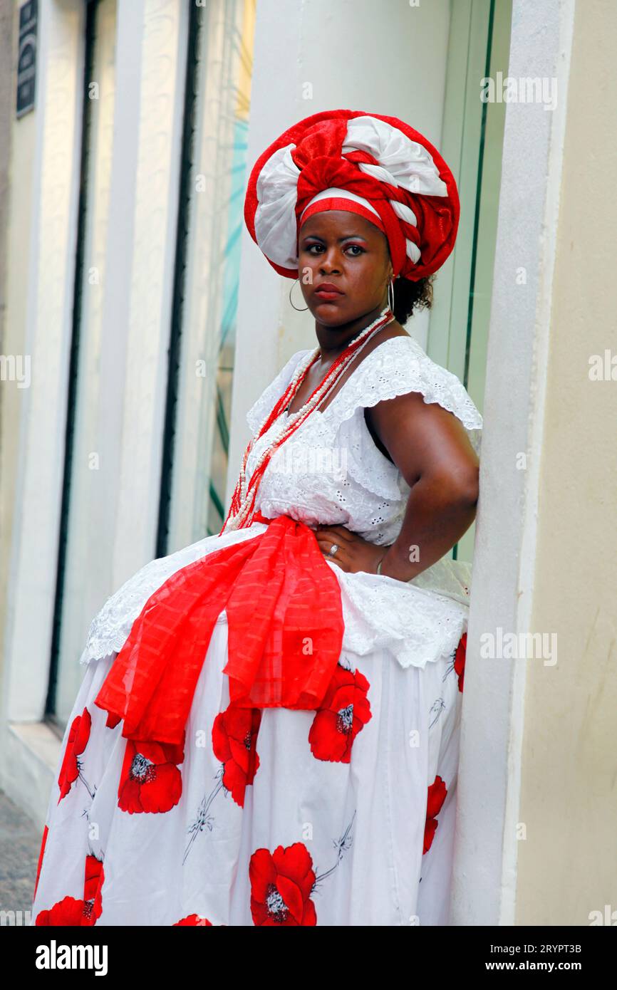 Portrait of a Bahian woman in traditional dress at the Pelourinho ...