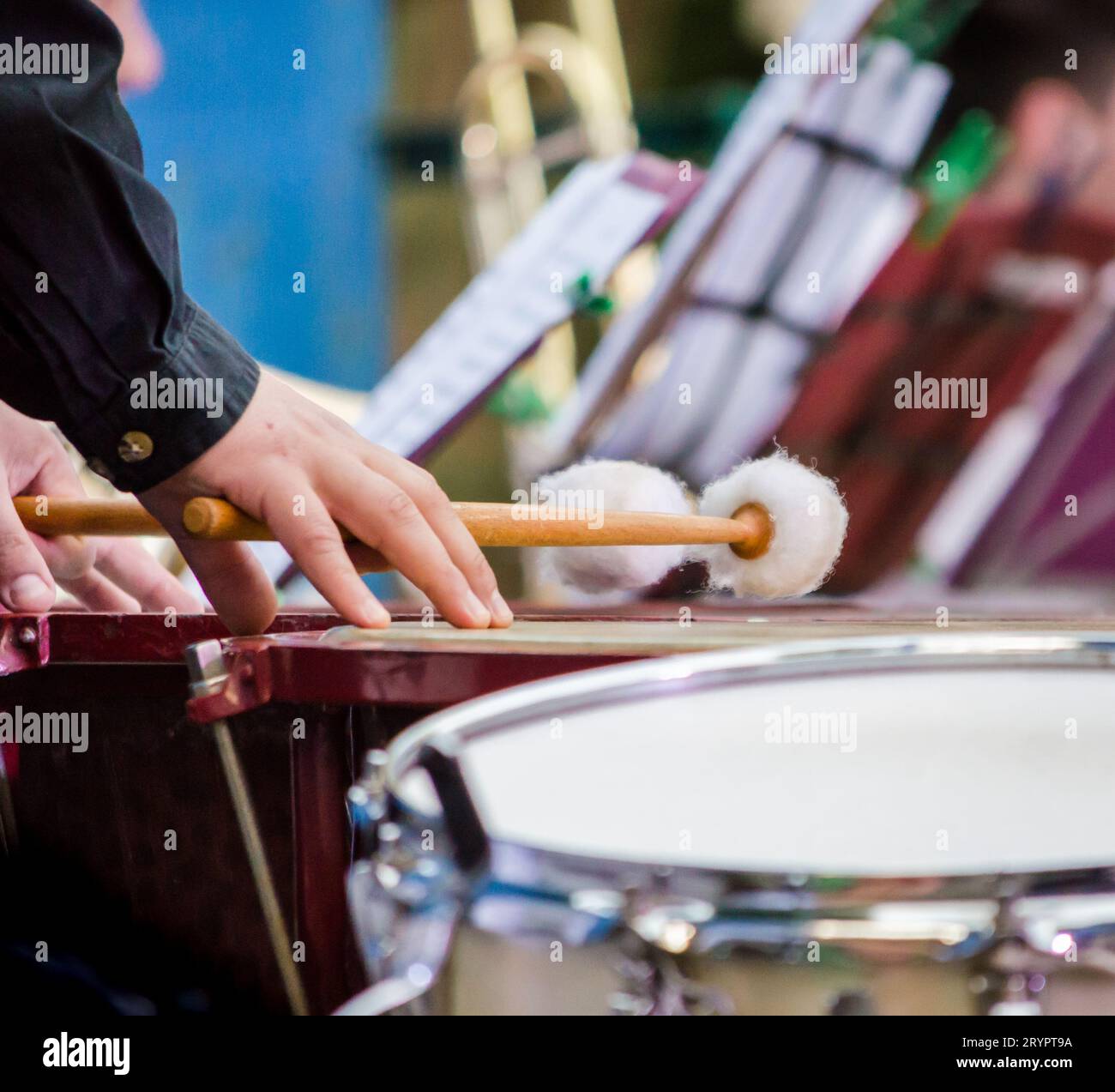 Male musician drummer hands with drumsticks and drum close up Stock ...