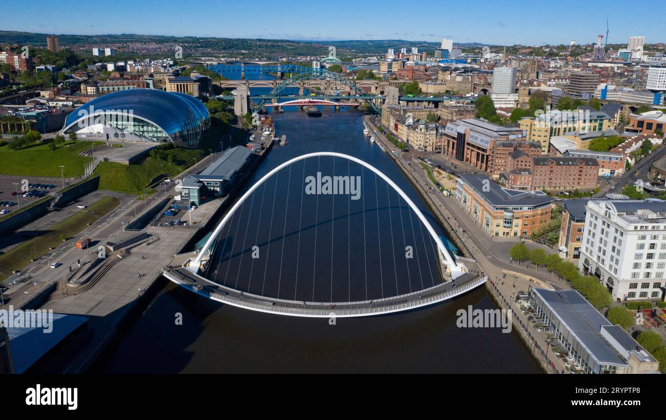 An aerial view of Gateshead Millennium Bridge over the River Tyne in UK ...