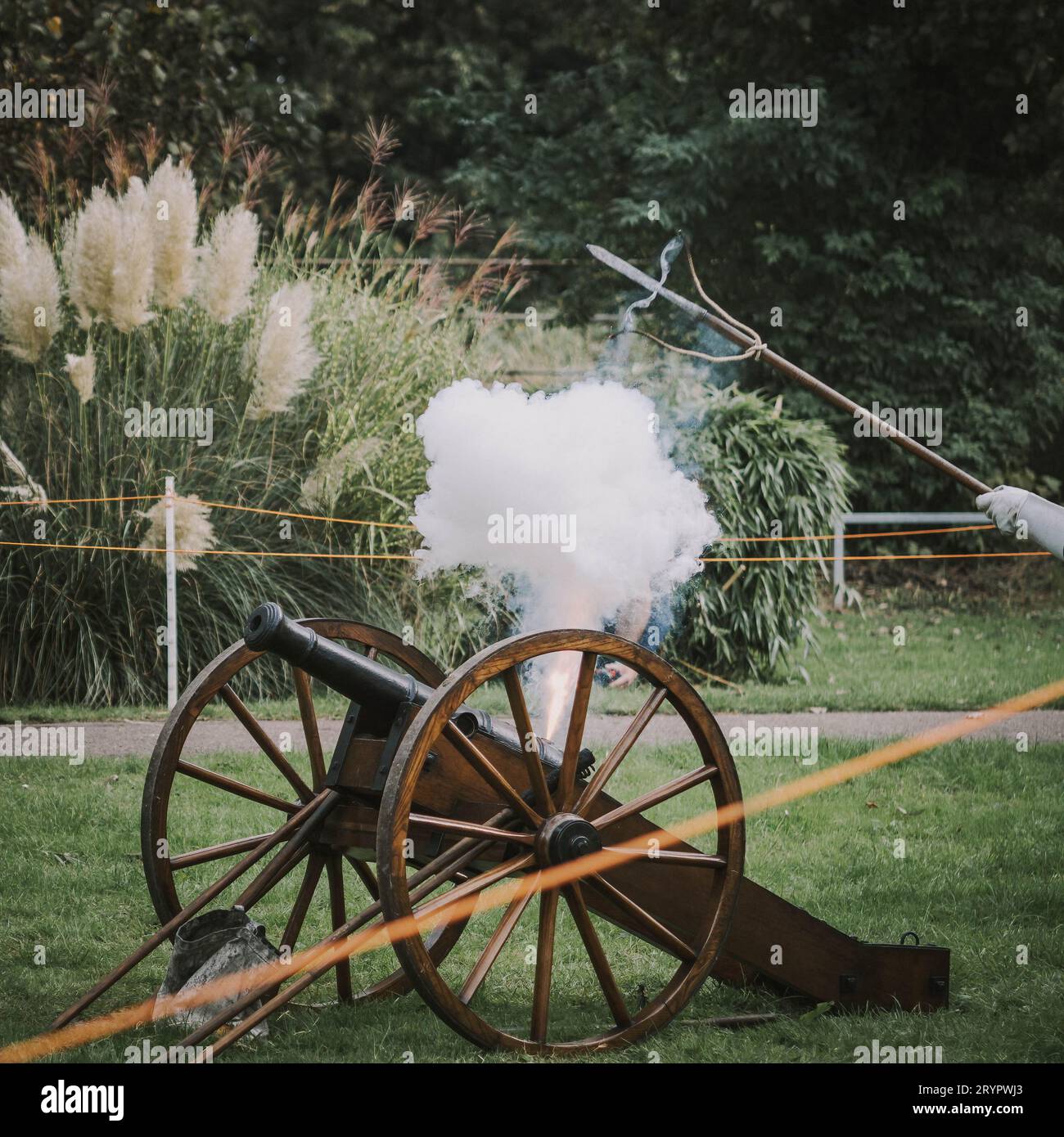 A replica of an English Civil War cannon is fired at a Sealed Knot ...