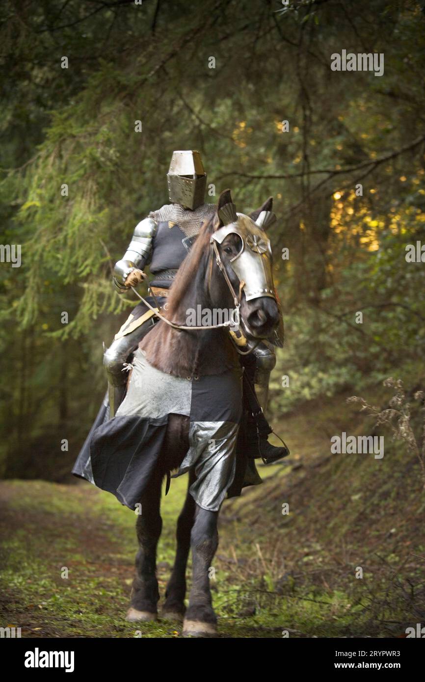 Man on horseback dressed as medieval warrior Stock Photo - Alamy