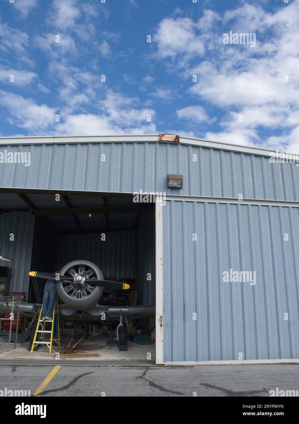 Man standing on a ladder working on a airplane Stock Photo - Alamy