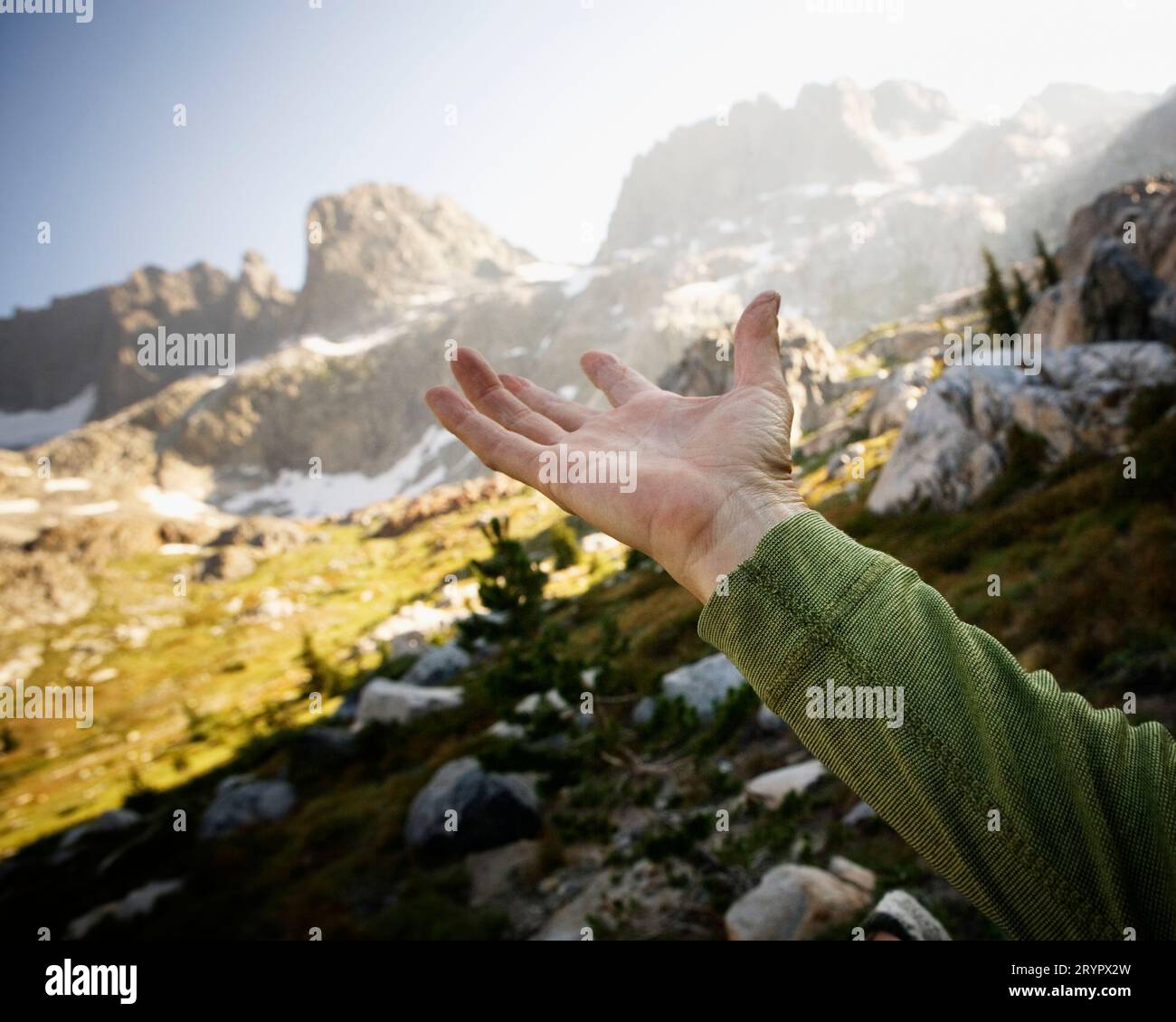 Open hand, pointing to a distant peak in the Ansel Adams Wilderness ...
