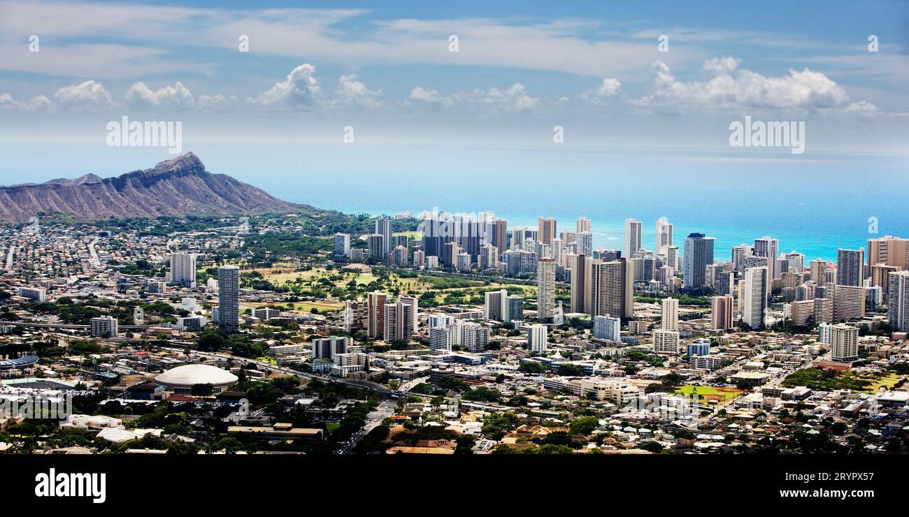 Ariel view of Diamond Head State Monument, and downtown Honolulu in O ...