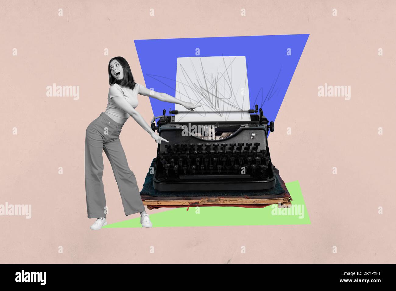 Collage picture of funky cheerful girl dancing finger pointing huge ...