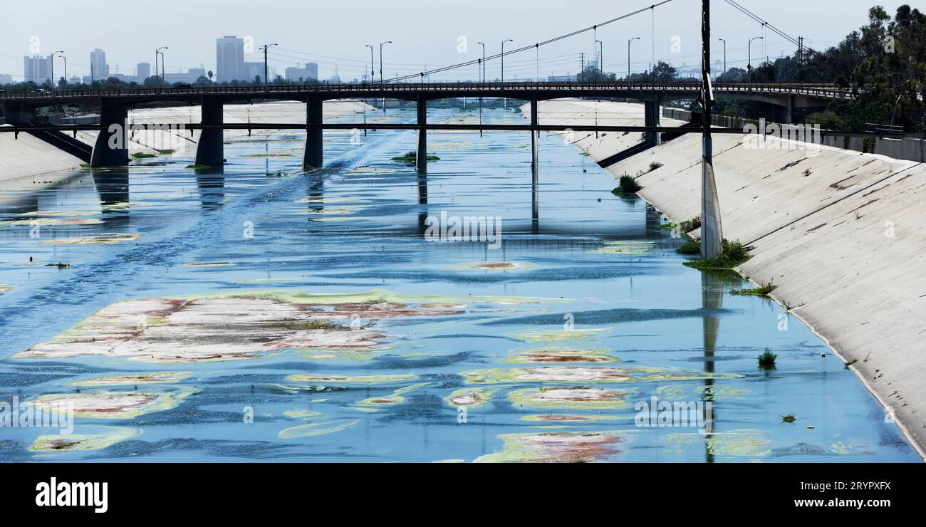 Bridge over concrete waterway, Los Angeles, California Stock Photo - Alamy