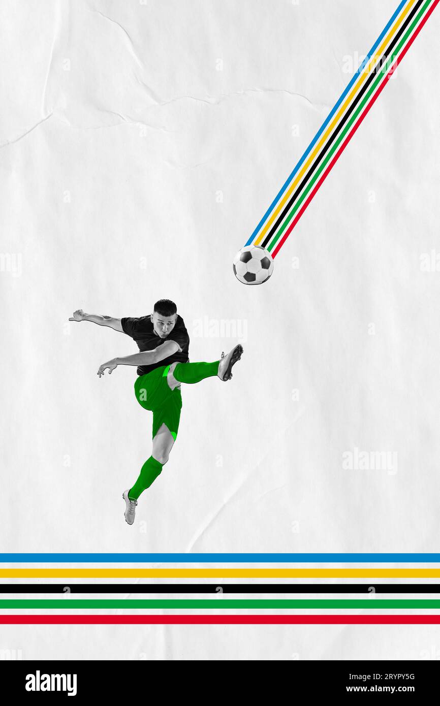 Competitive young man, football player in motion, hitting ball with leg ...