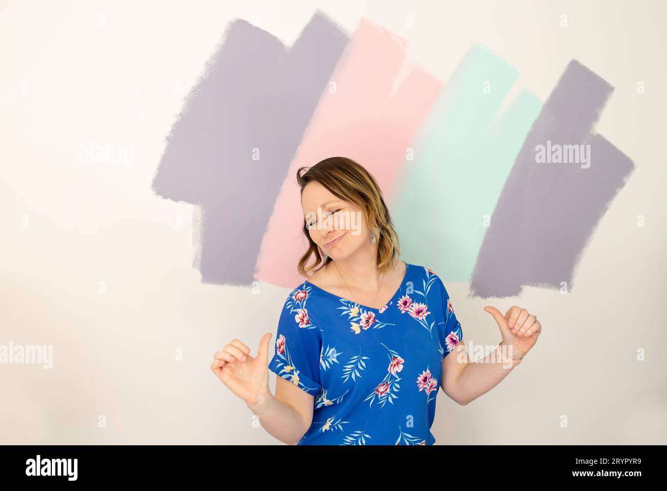 Animated woman dancing in front of colorful wall Stock Photo - Alamy