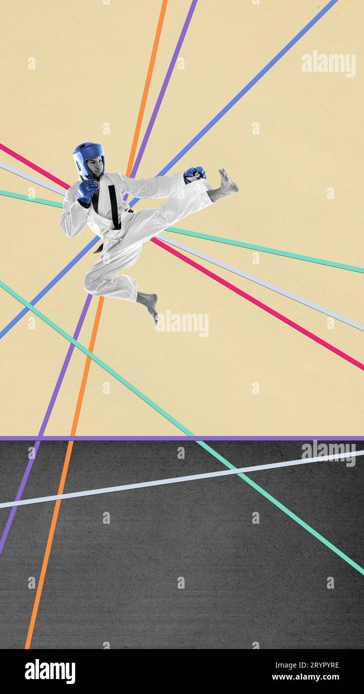 Sportive strong man, mma athlete, fighter in uniform training, hitting ...