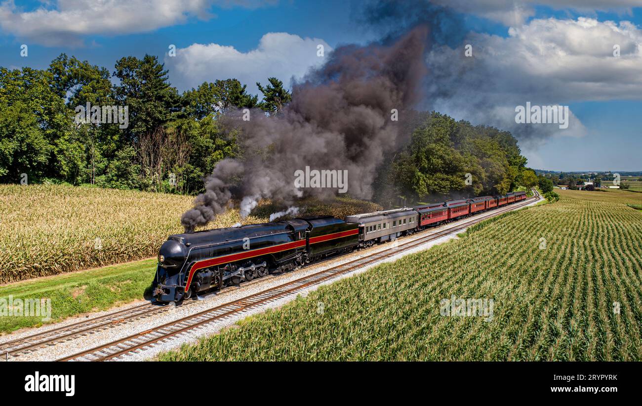 An Aerial Front View of a Restored Antique Steam Passenger Train ...