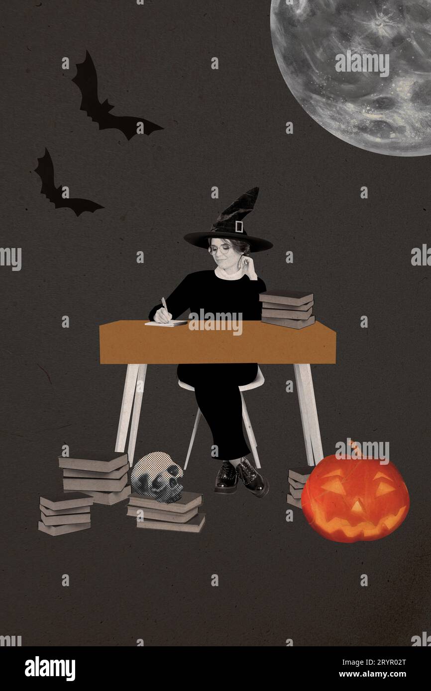 Vertical creative artwork composite photo collage of smart witch sit on ...
