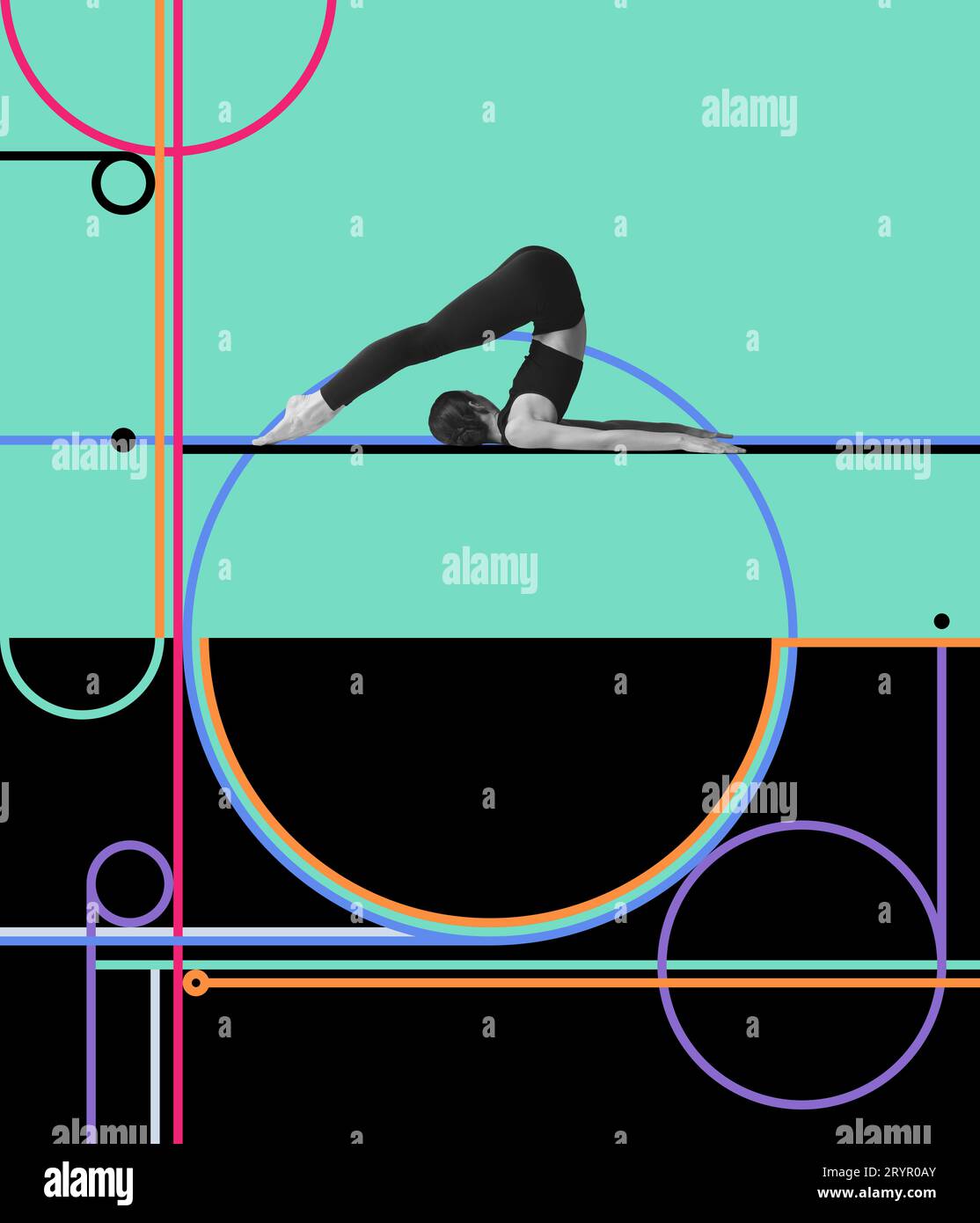 Flexible young girl training, doing stretching exercises over abstract ...