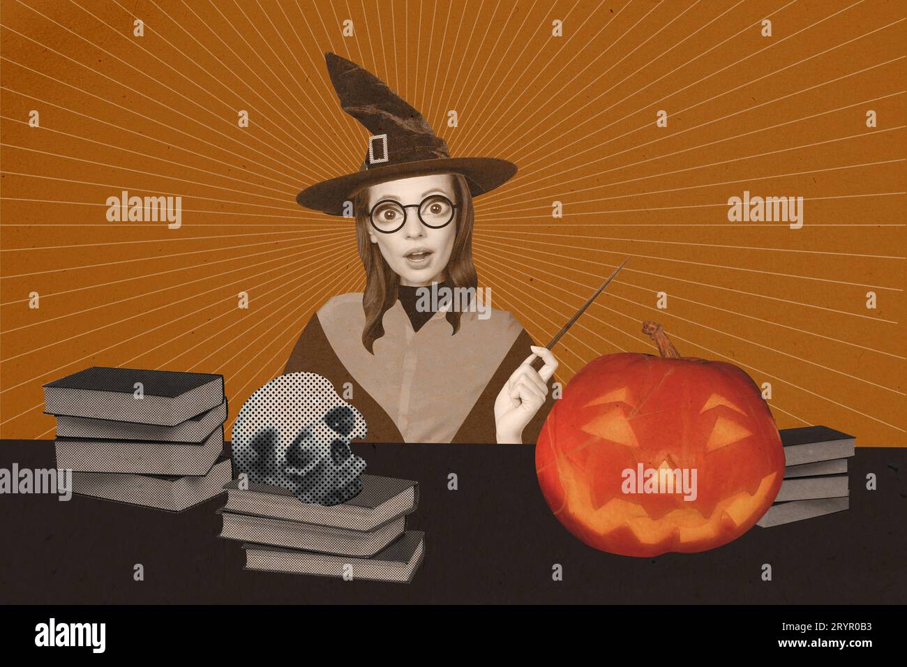 Creative composite photo collage of clever witch in glasses hold wizard ...
