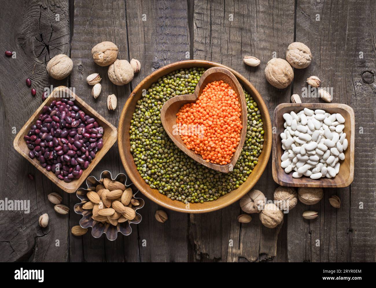 Sources of vegetable protein are various legumes and nuts. Top view ...