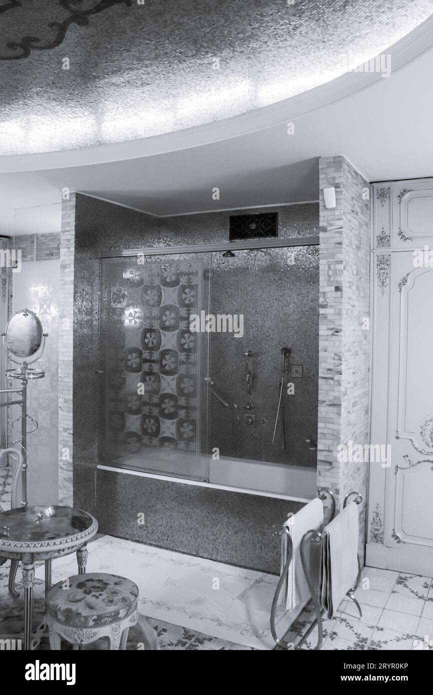 Black and white interior bathroom of the Ceauşescu Mansion, the private ...