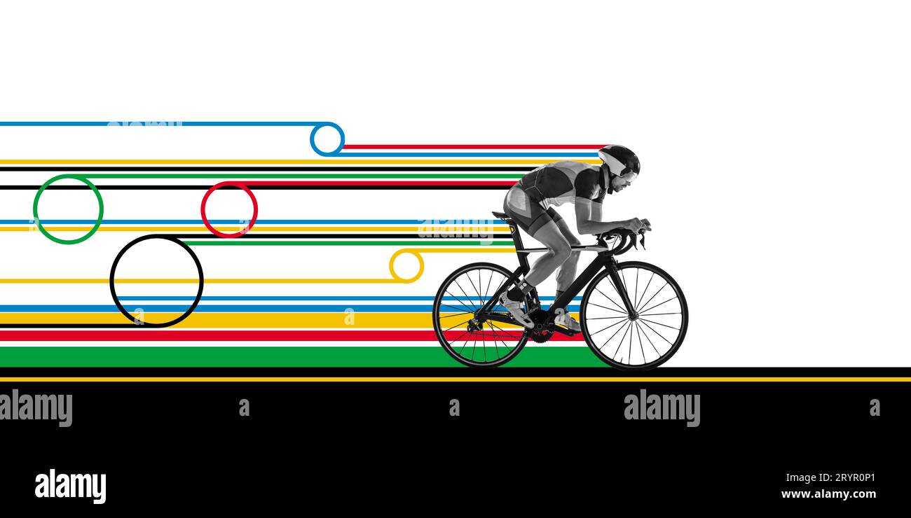 Man, cyclist training, riding bicycle on white background with abstract ...