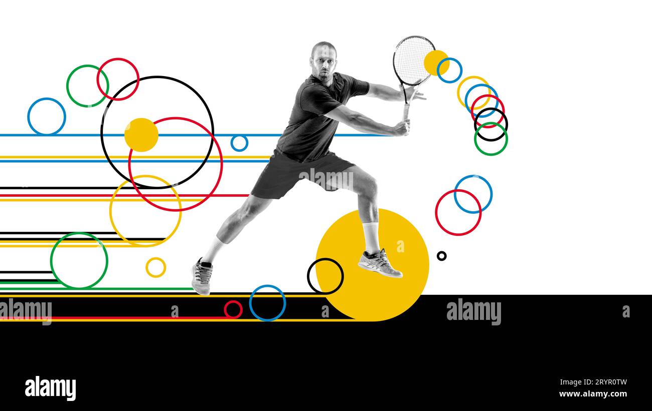 Concentrated man, tennis player in motion, training on white background ...