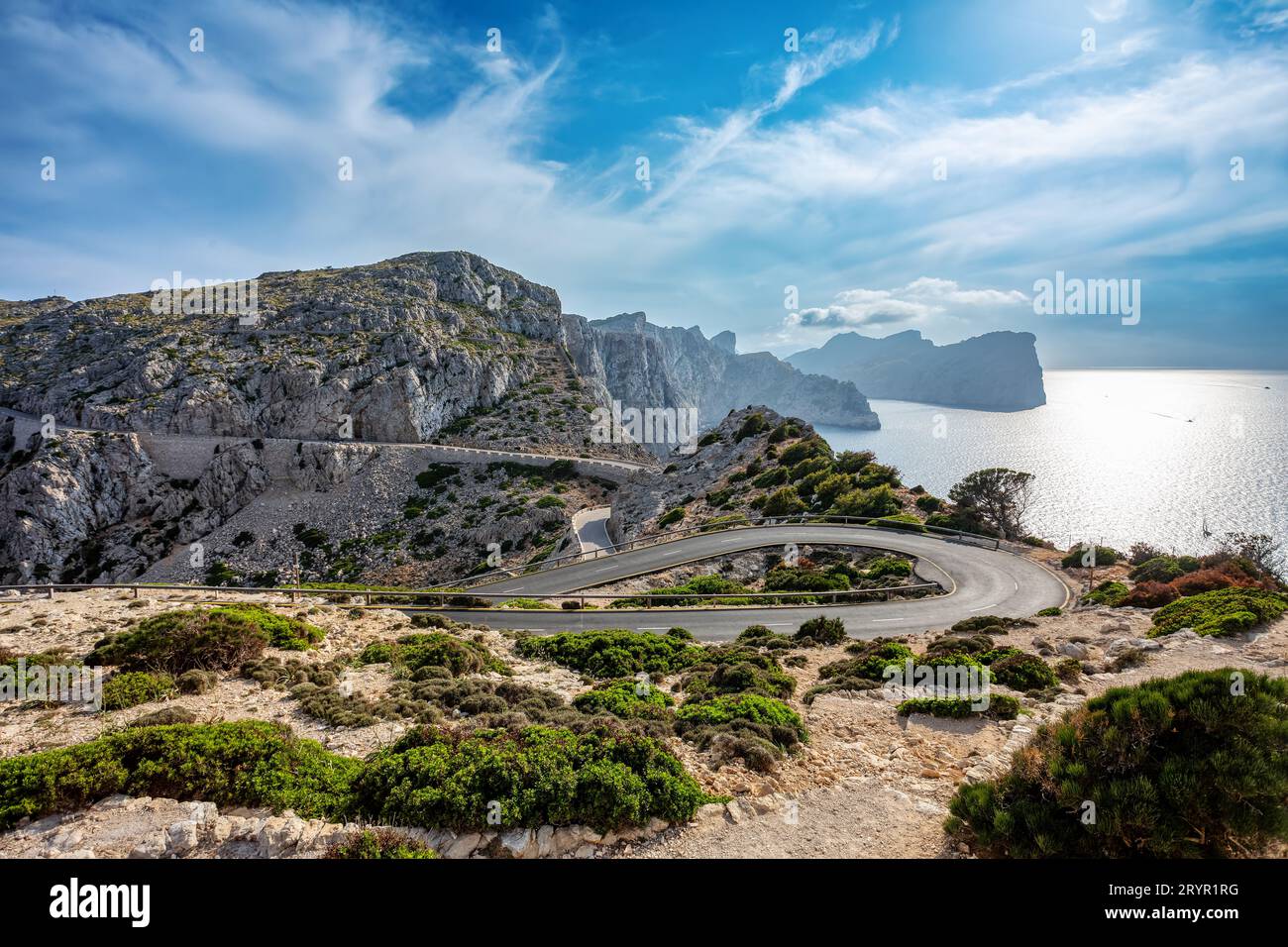 Winding narrow road to lighthouse at Cape Formentor in the Coast of ...