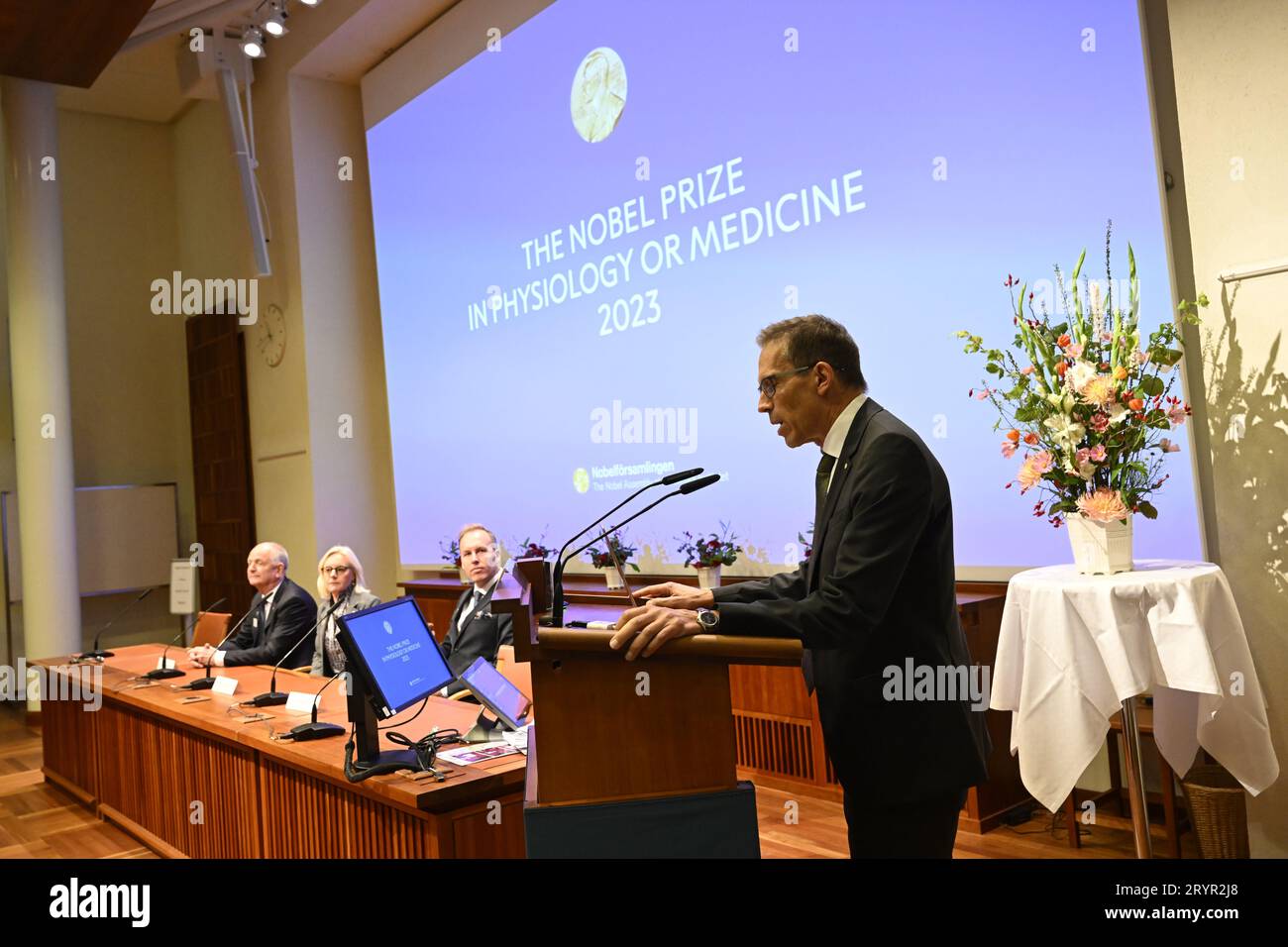 Stockholm, Sweden. 02nd Oct, 2023. STOCKHOLM, SWEDEN 20231002Katalin Karikó and Drew Weissman ...