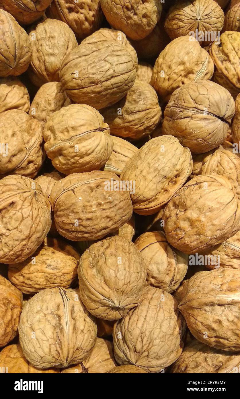 An arrangement of assorted yellow and brown nuts stacked on top of each ...