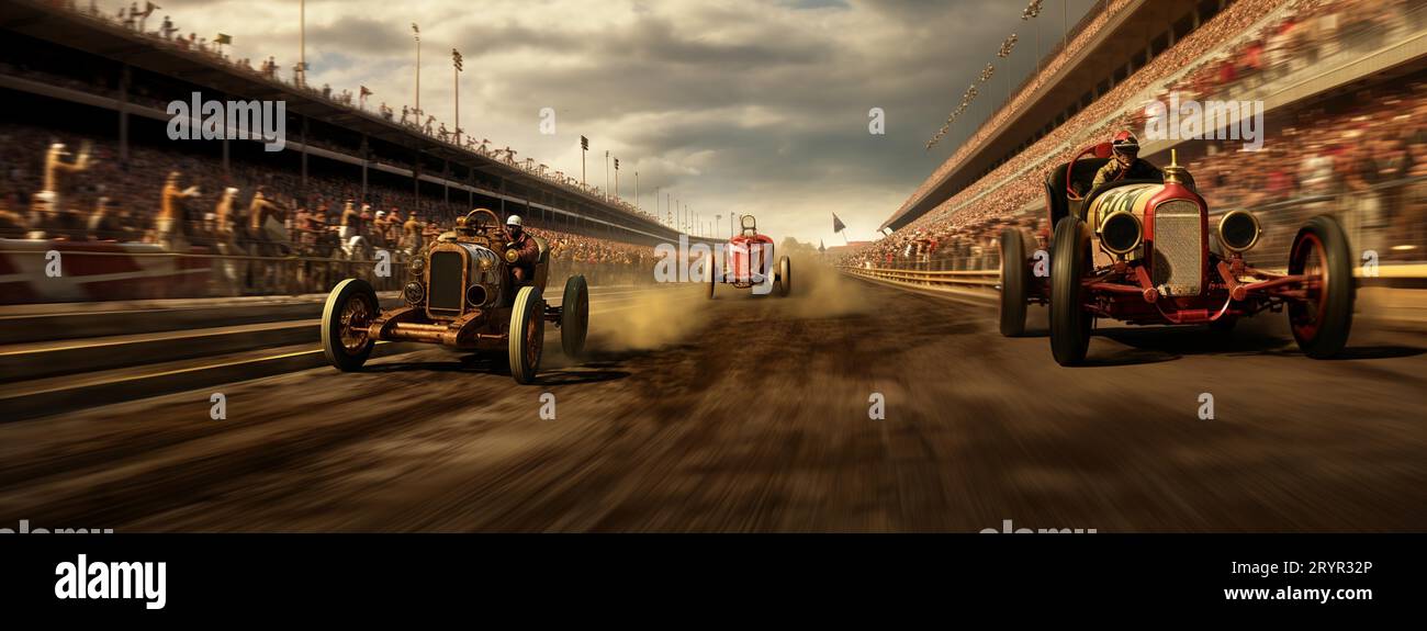 A large group of people are enjoying a thrilling race on an oval track ...