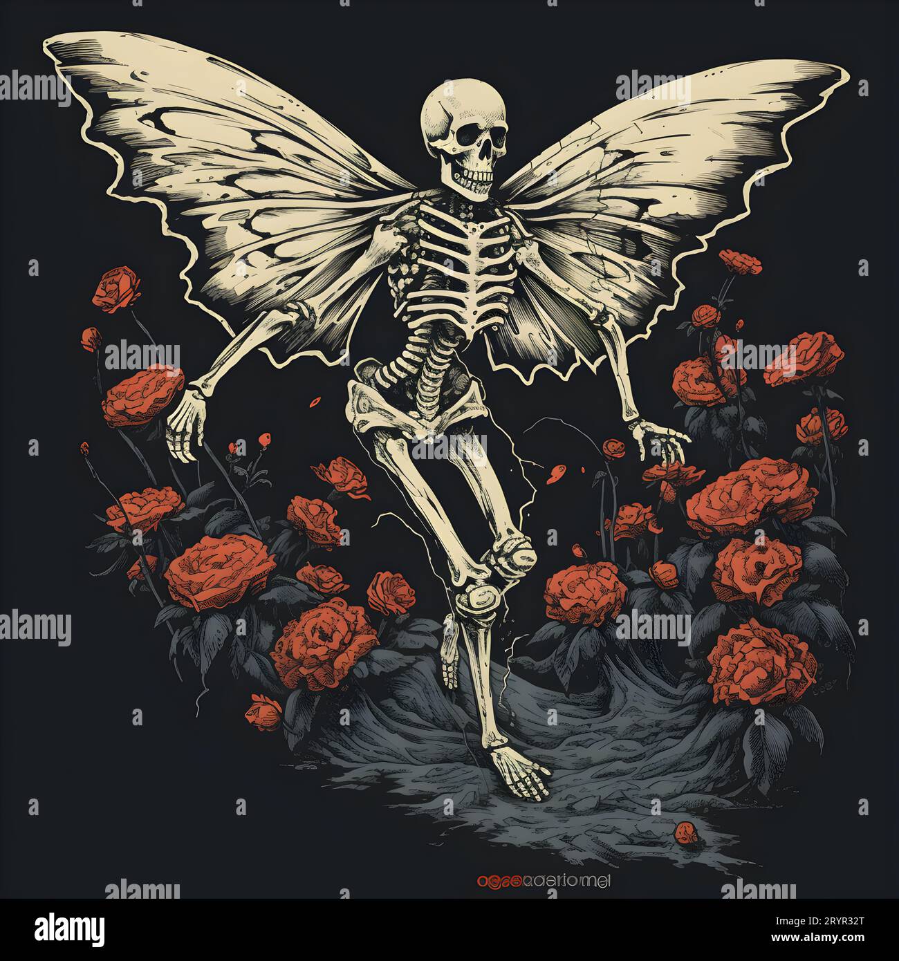 An ethereal skeleton with wings soaring above a bed of vibrant red ...