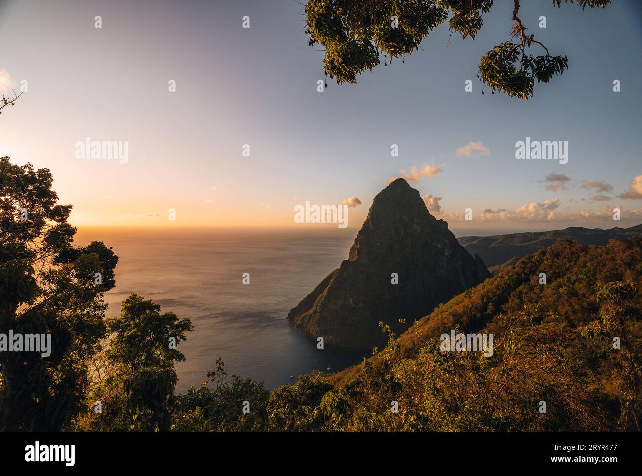Pitons on Santa Lucia, La Souffriere bay during sunset with blue sky ...