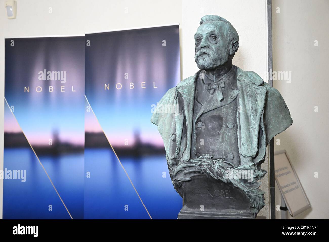 Stockholm, Sweden. 02nd Oct, 2023. STOCKHOLM, SWEDEN 20231002Bust of Alfred Nobel as the Nobel ...
